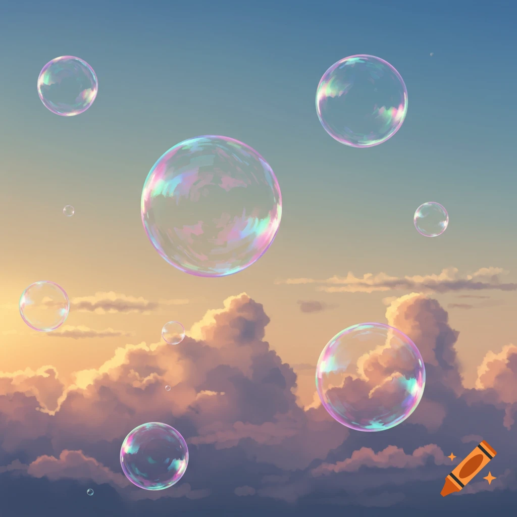 Iridescent soap bubbles float against a pastel blue and orange sky with soft clouds in an ...