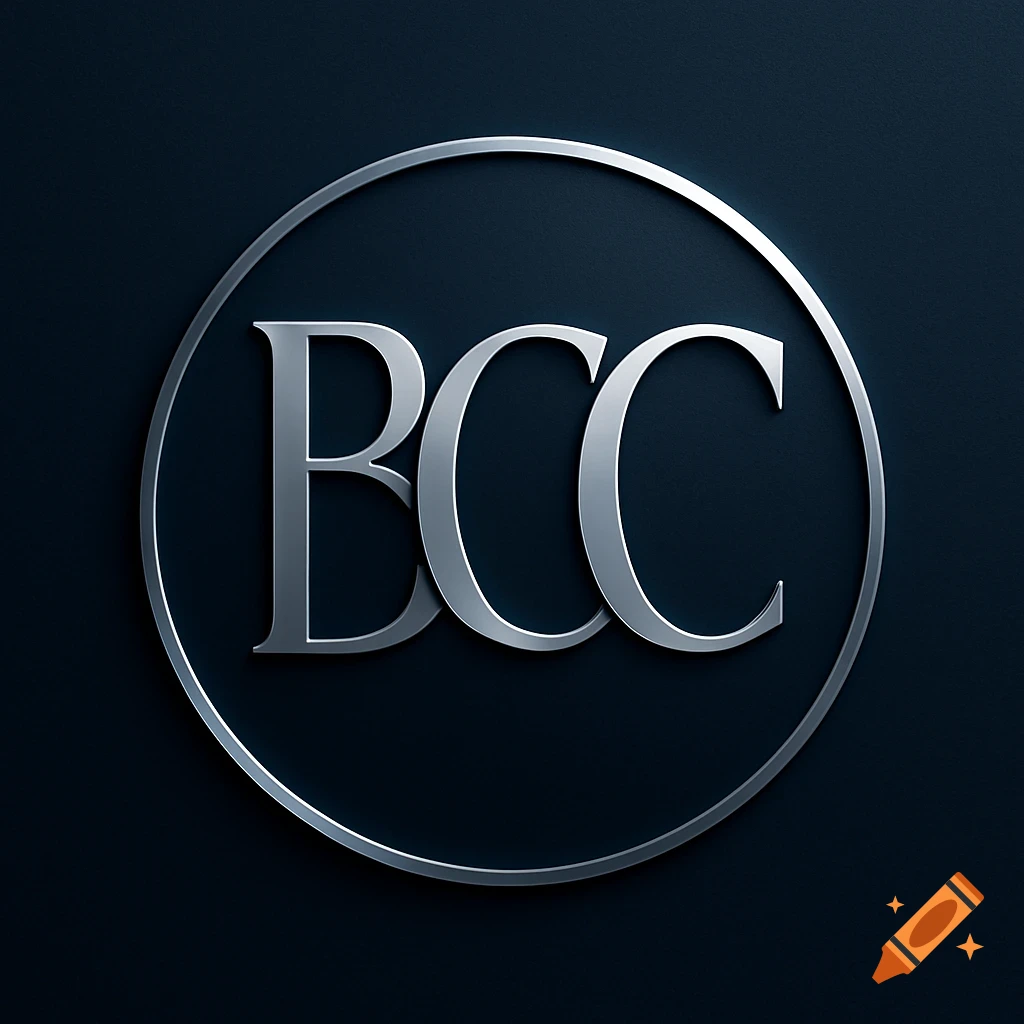 A silver metallic round logo with the letters BCC on a dark blue ...