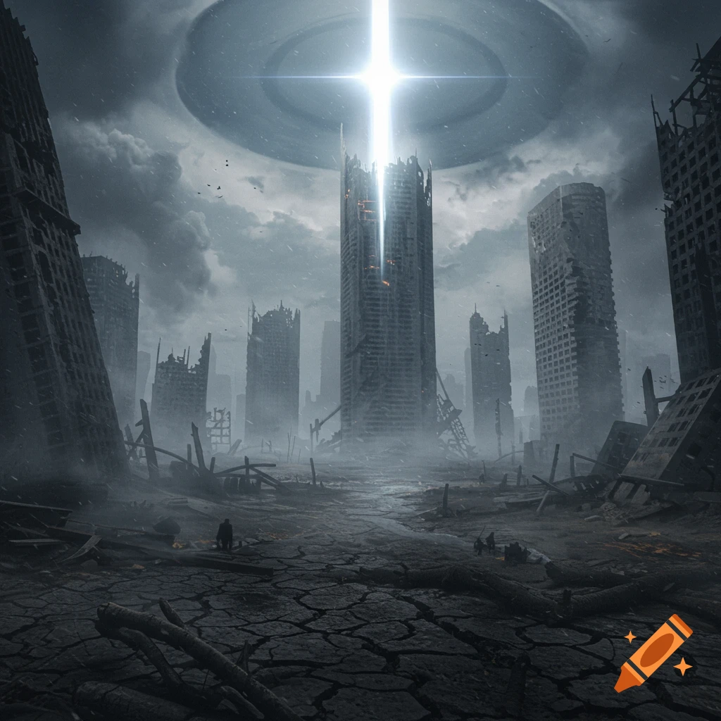 A dark, post-apocalyptic cityscape in ruins with cracked ground, under ...