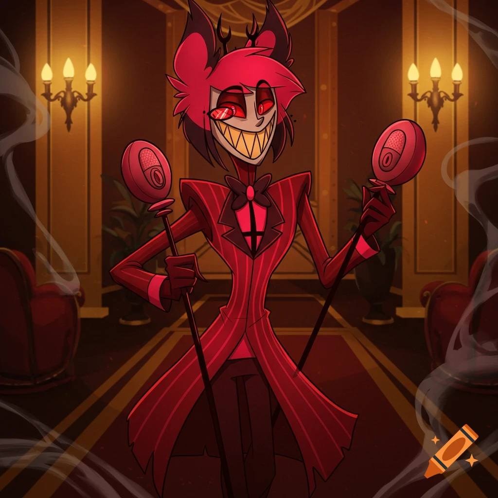 Alastor from Hazbin Hotel, a red-suited demon with antlers and a wide ...