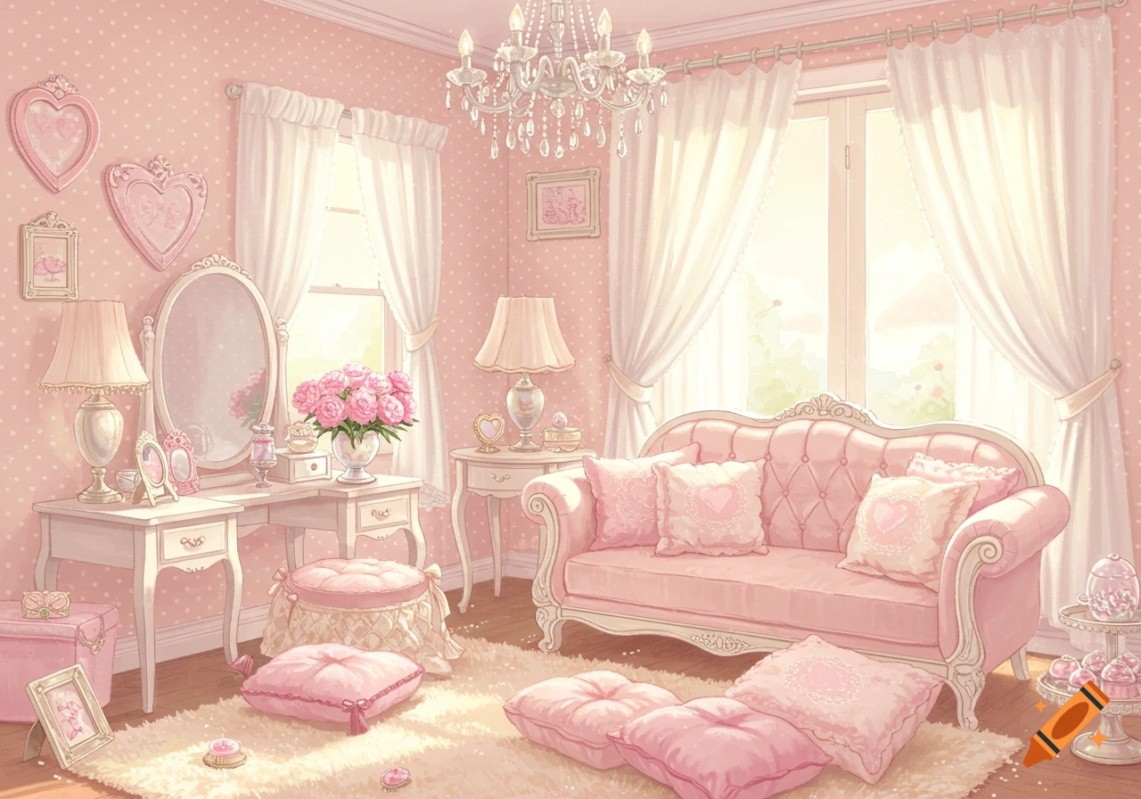 A cute, pink, anime-style room with a sofa, vanity, and large windows ...
