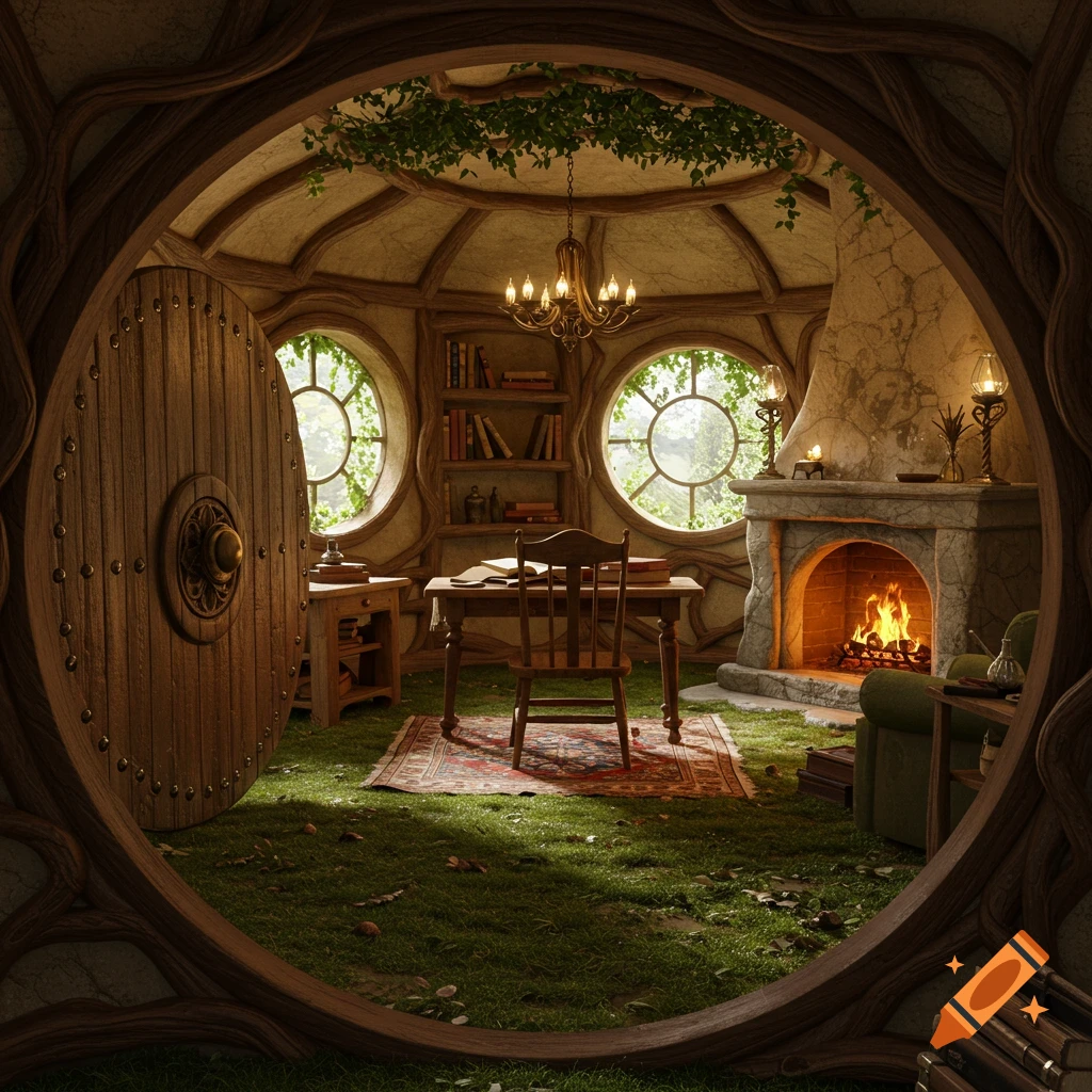 A cozy, circular hobbit-style study with a round wooden door, fireplace ...
