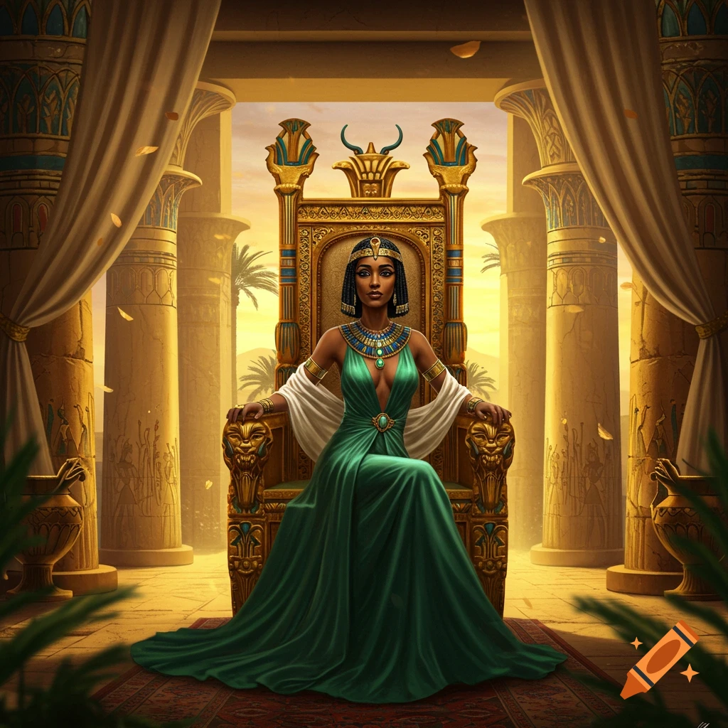 A cartoon-style Egyptian queen with long dark hair and a blue crown ...