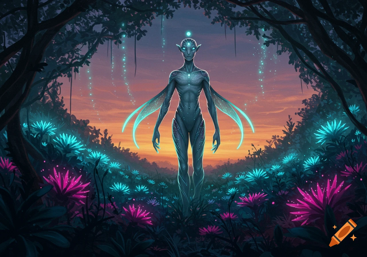 A blue-skinned character resembling Neytiri from Avatar stands in a ...