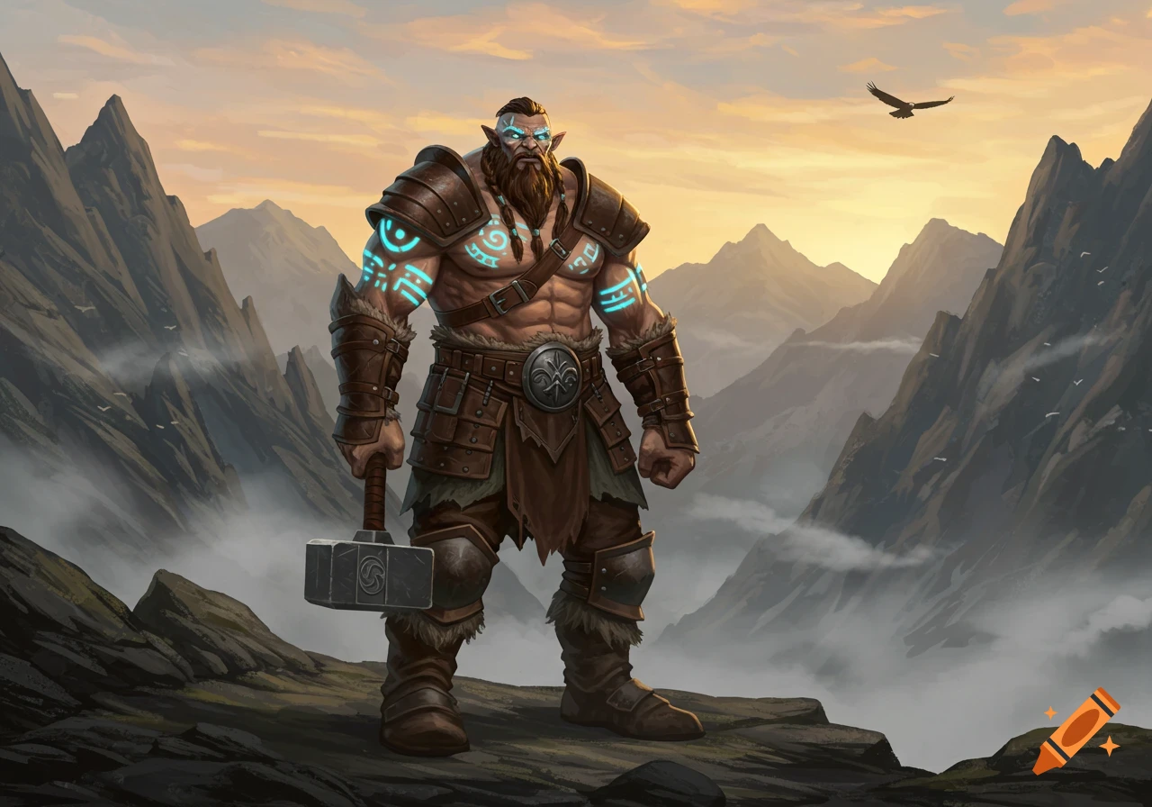A muscular goliath warrior with glowing blue runes and a hammer stands ...