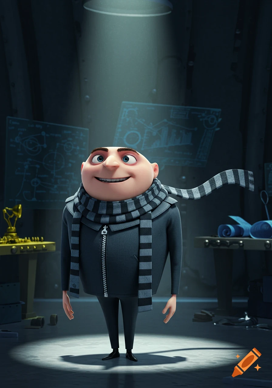 Gru, a bald cartoon character in a black suit and striped scarf, stands ...