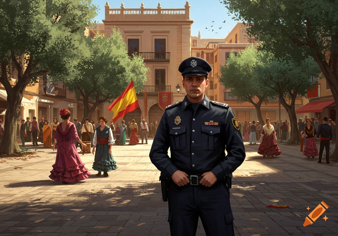A Spanish police officer stands in a sunny town square with people in ...