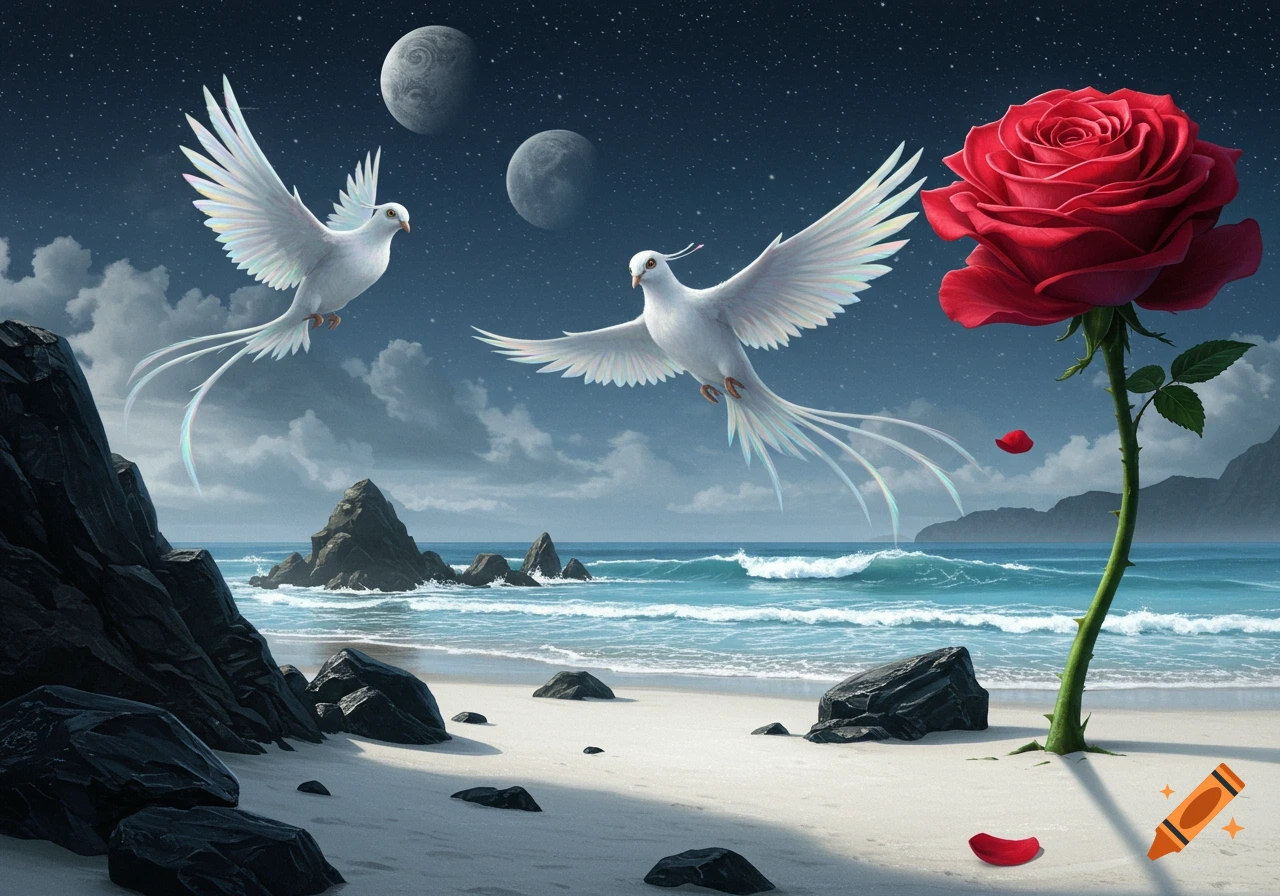 Two white, long-tailed doves fly over a moonlit beach with black rocks ...