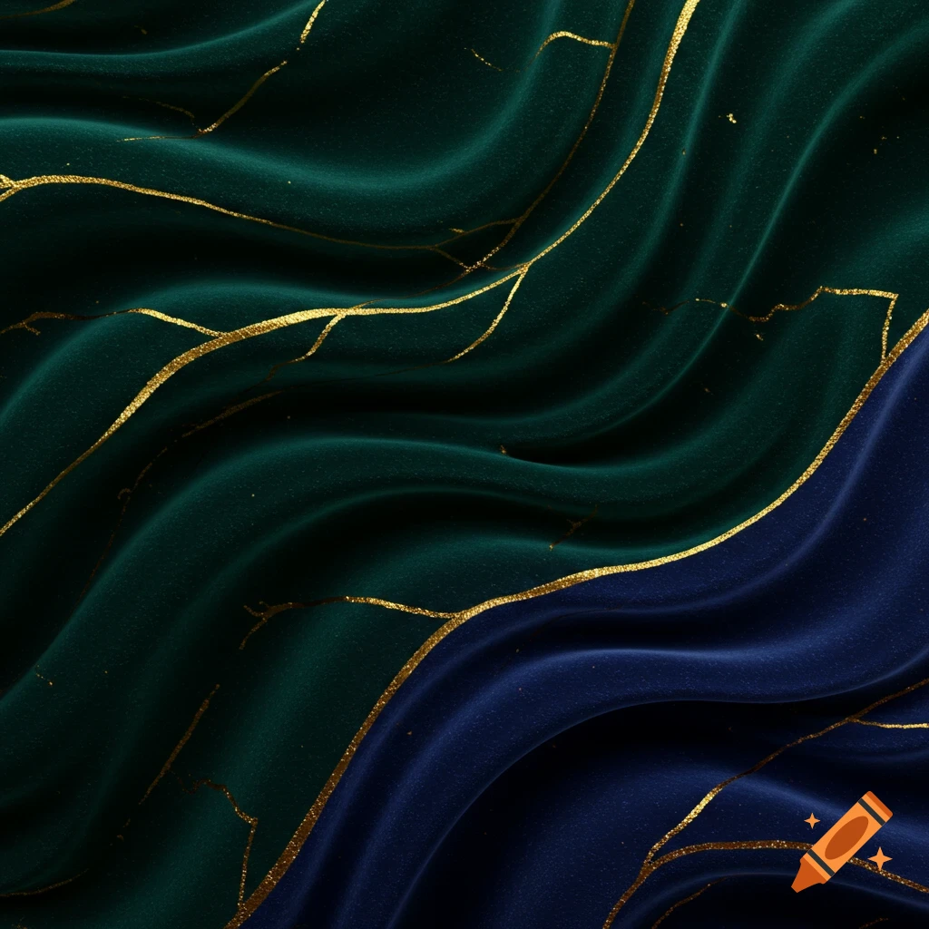 Deep emerald green and royal blue velvet with flowing golden cracks ...