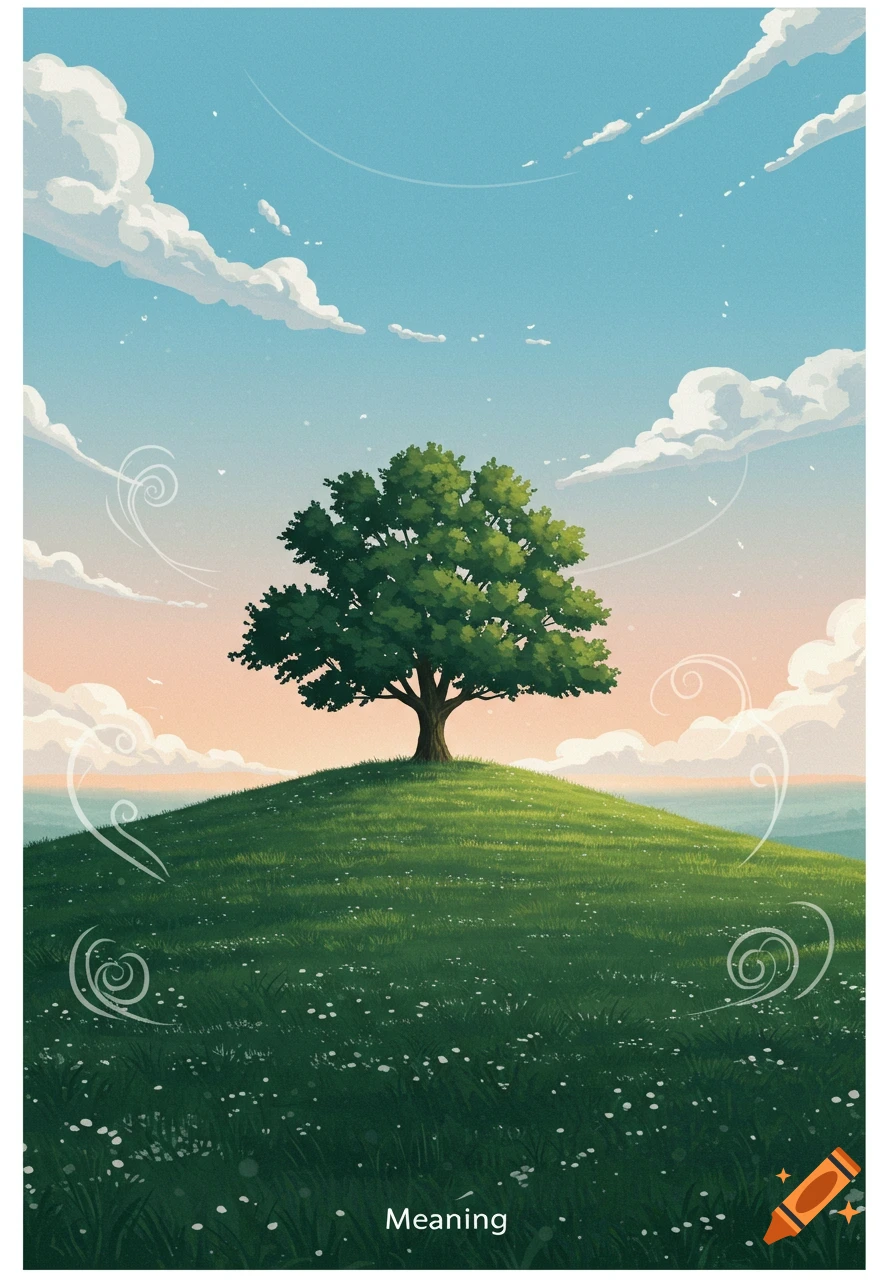 A serene illustration of a lone green tree on a grassy hill dotted with ...