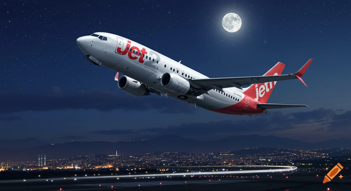A photorealistic Jet2 B737-800 airplane taking off at night from an ...