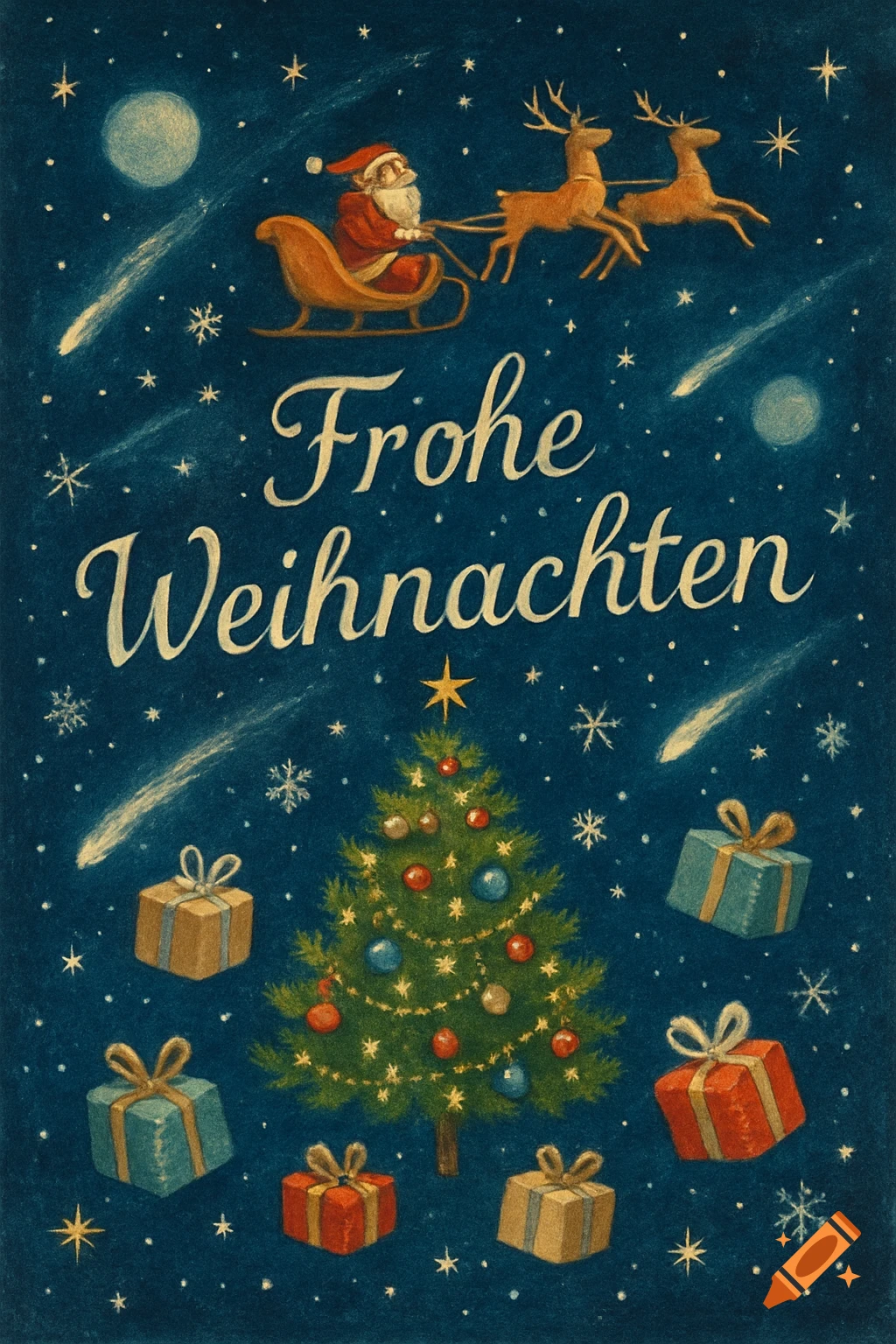 A festive winter night scene with snow-covered Christmas trees ...