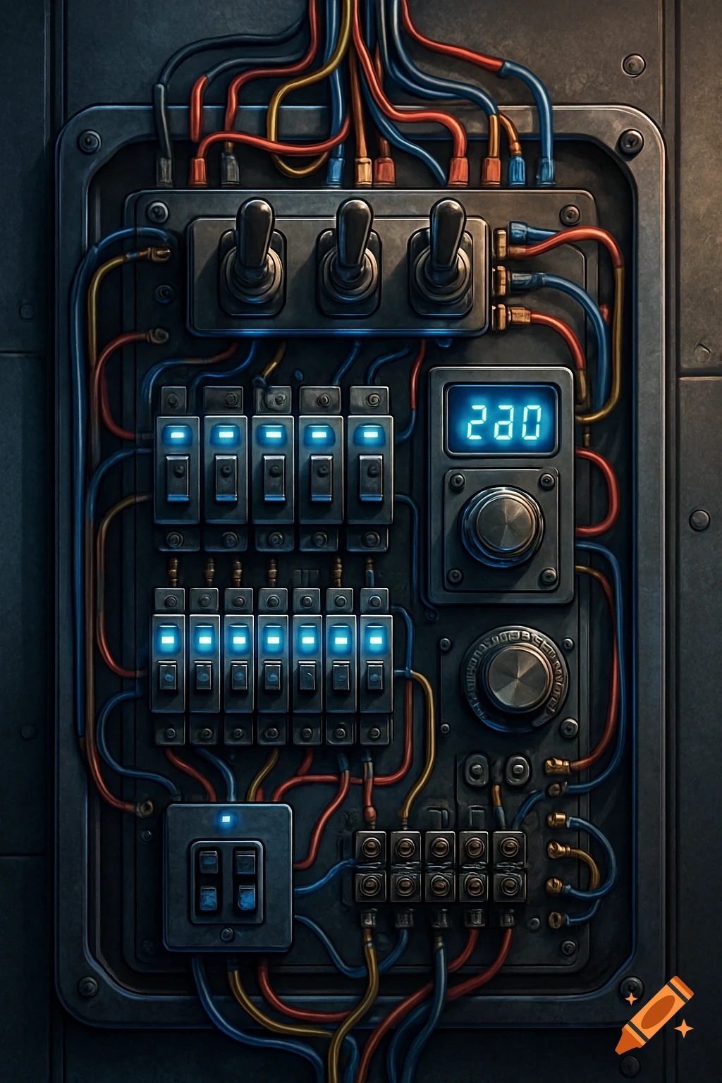 Detailed photorealistic image of an industrial electrical control panel ...
