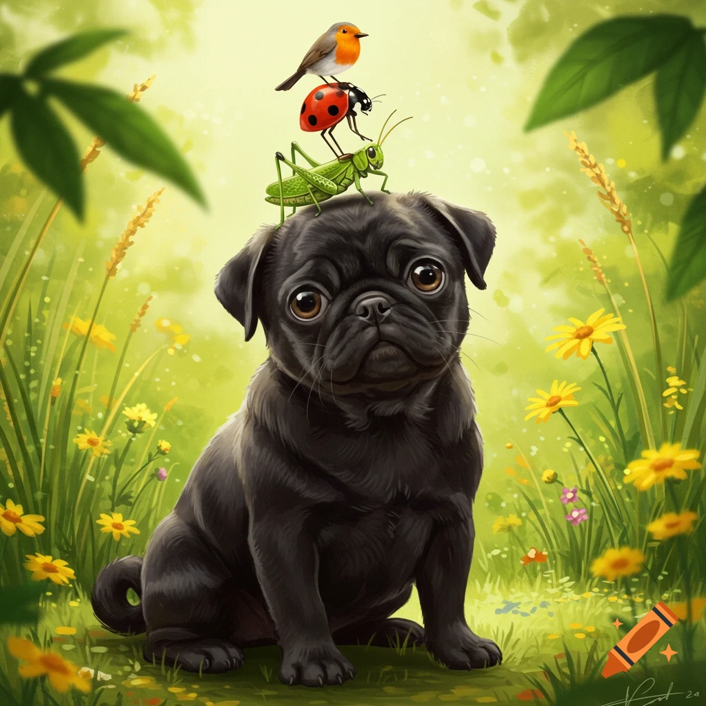 A whimsical illustration of a black pug sitting in a flowery field with ...