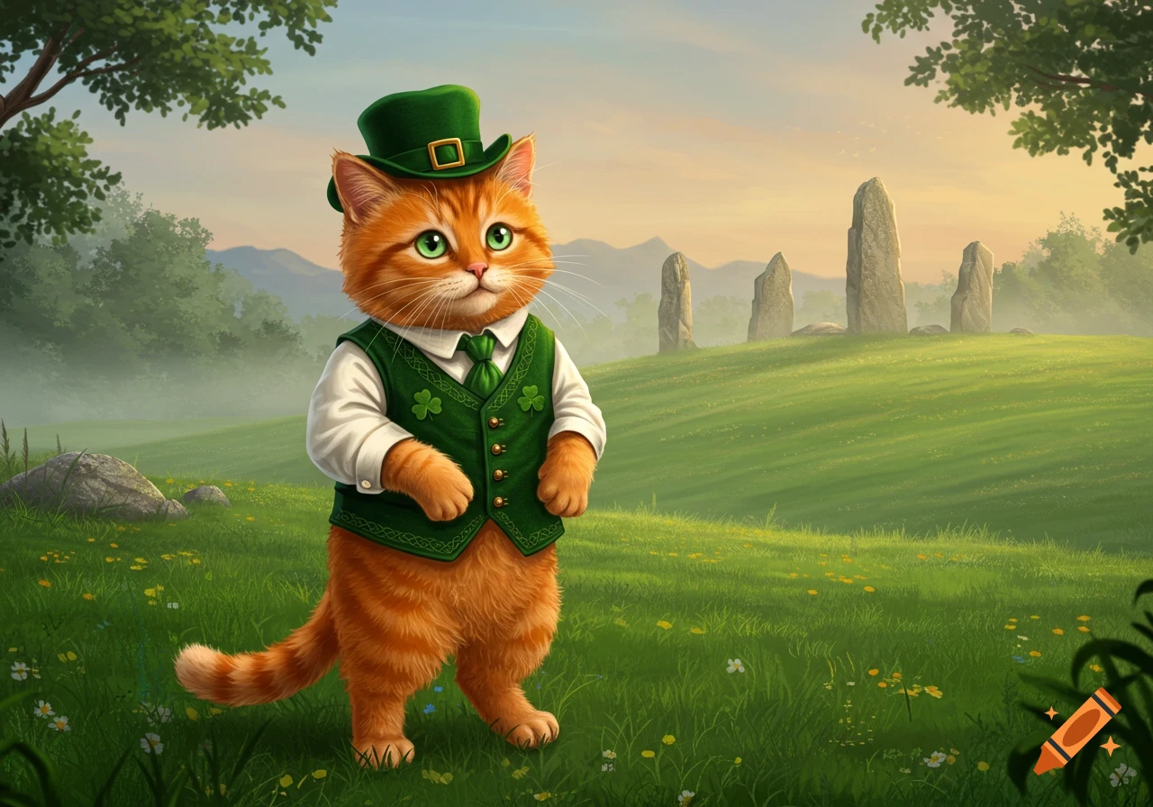 A cute cartoon ginger cat wearing a green Irish vest, tie, and top hat ...