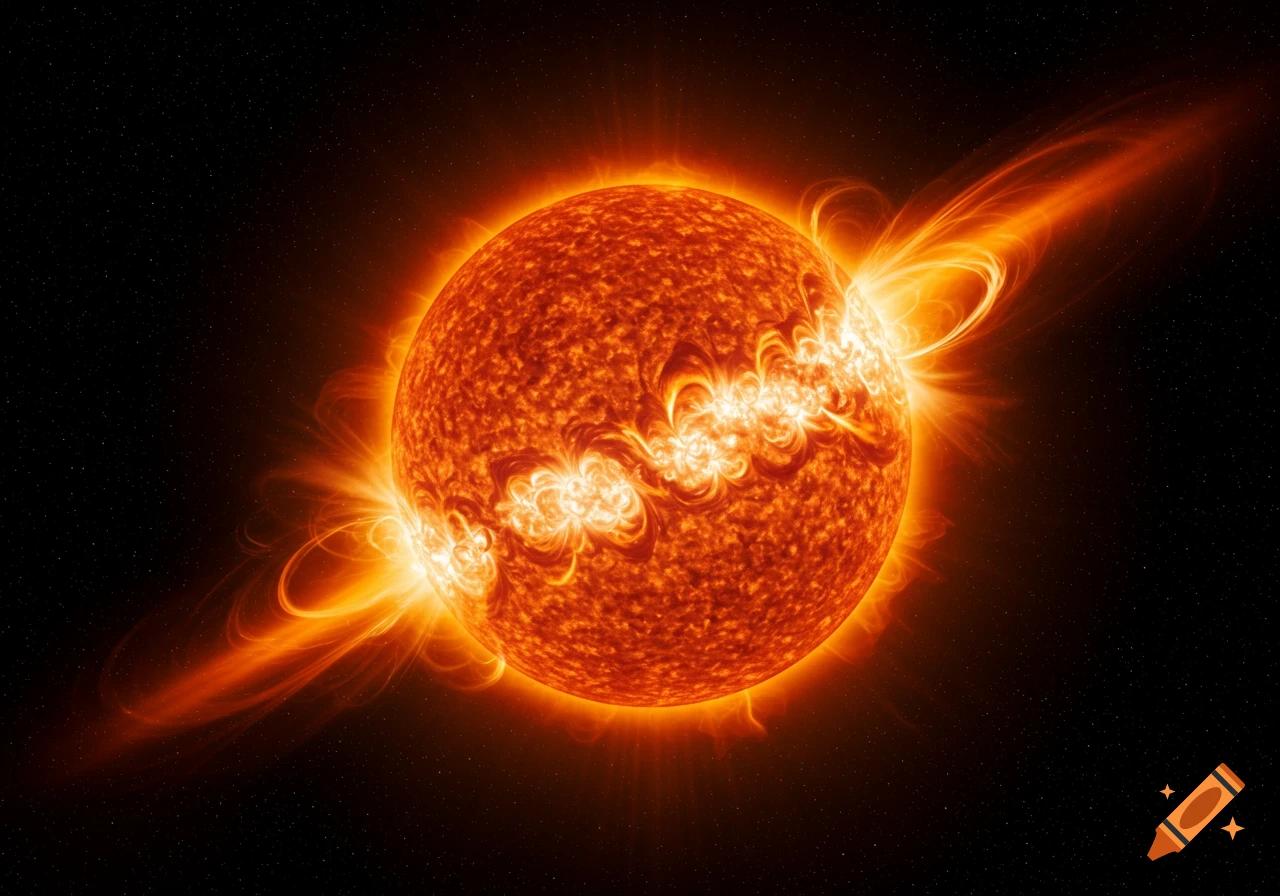 A vibrant, fiery orange sun with bright solar flares and coronal loops ...