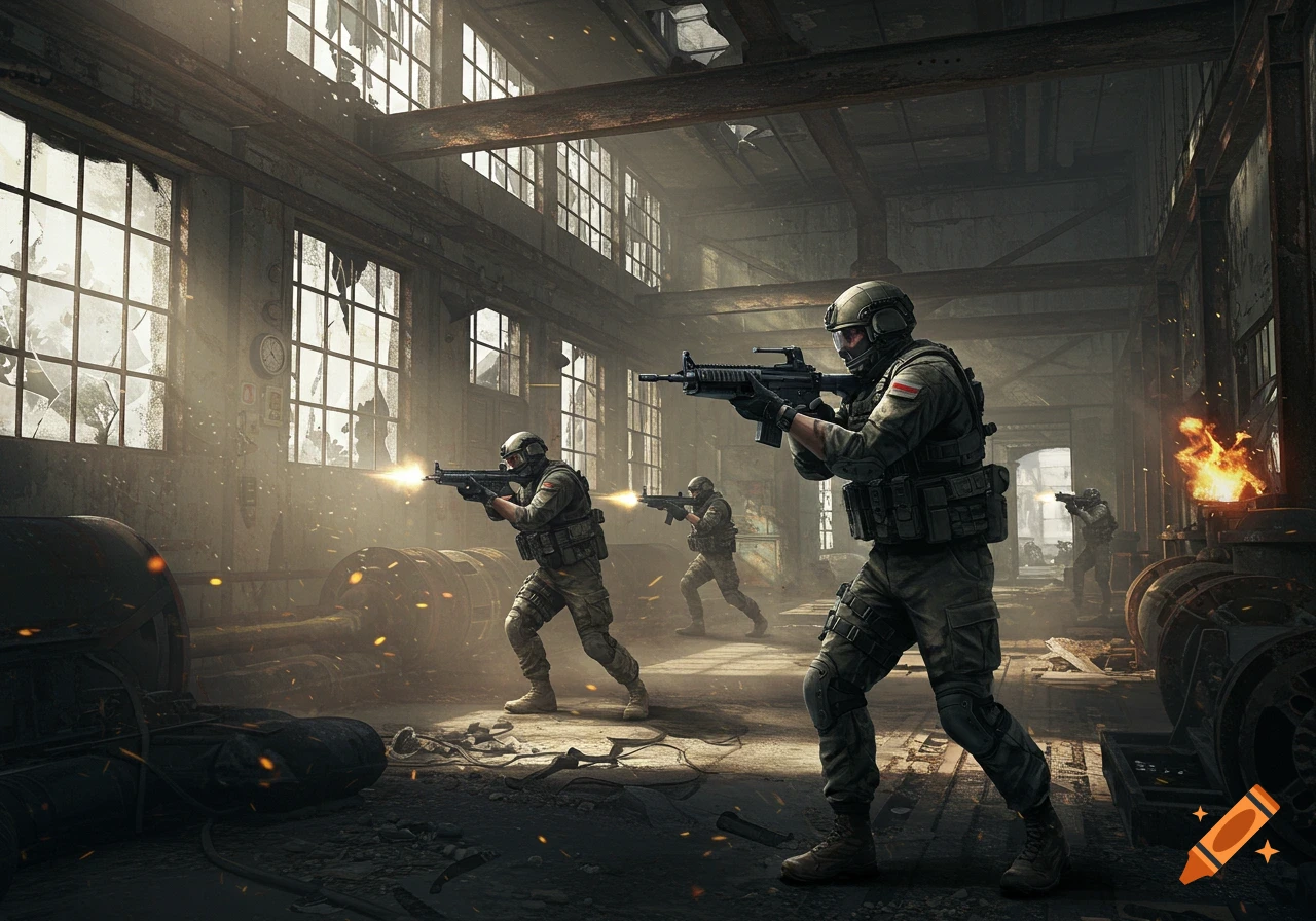 Cartoon penguins in military gear firing rifles in a snowy desert ...