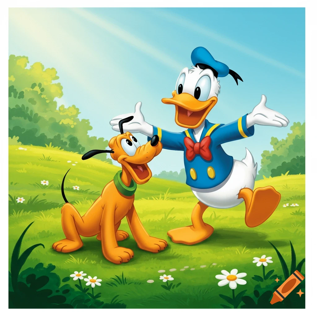 Donald Duck with open arms happily greets a smiling Pluto in a sunny ...