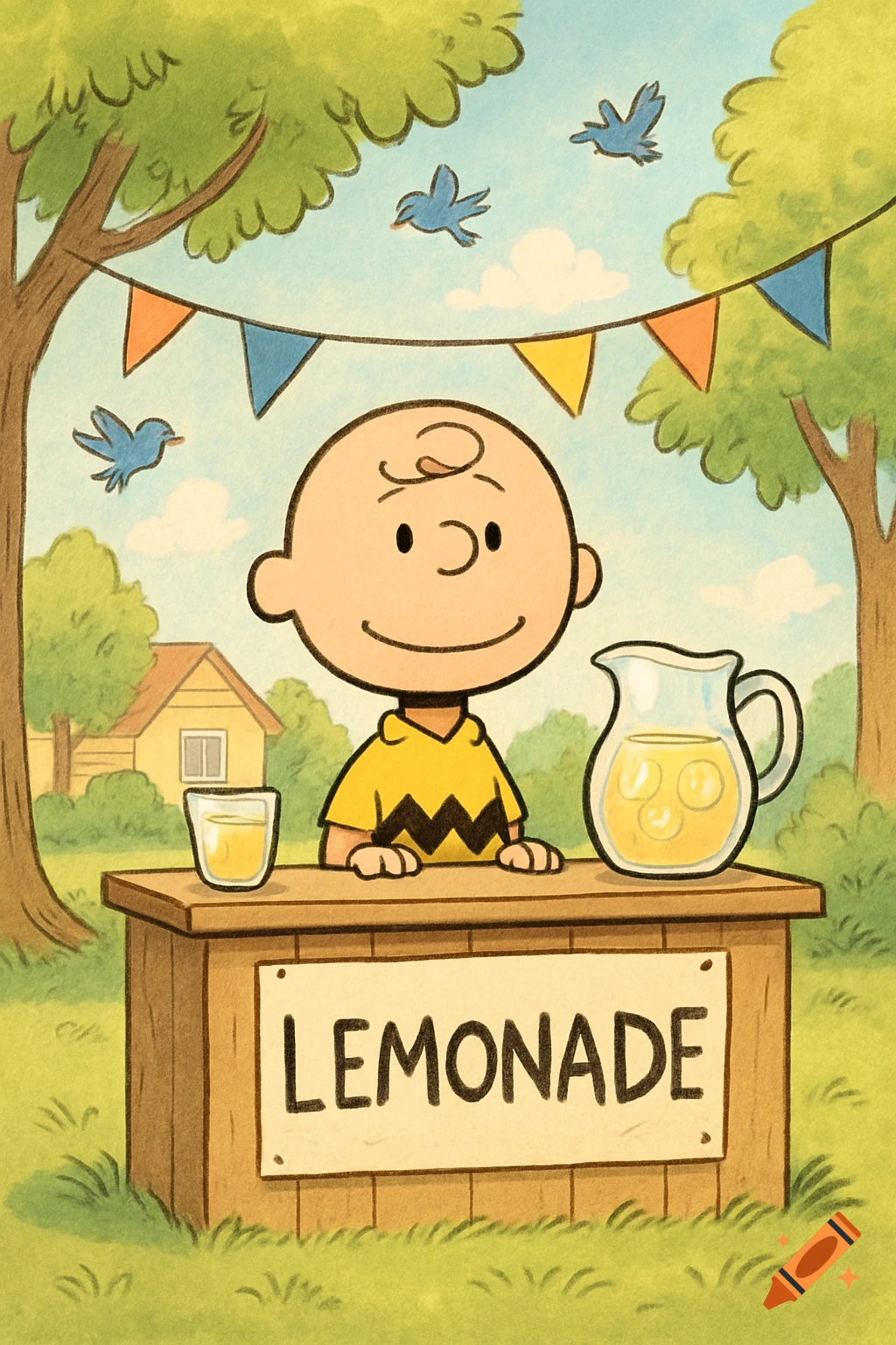 Snoopy sits on his red doghouse in a green field with wildflowers ...