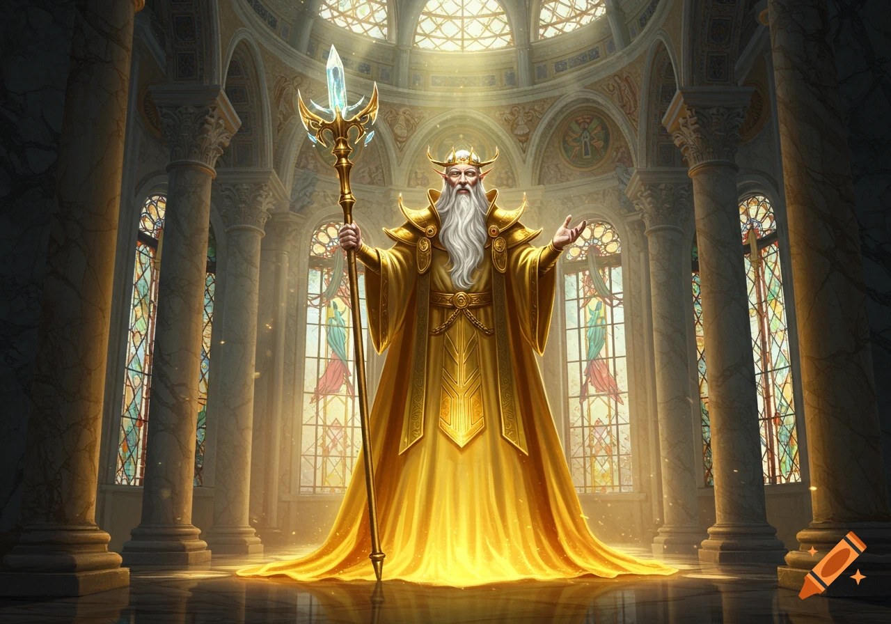 A high elf in white and gold stands under a glowing golden archway with ...