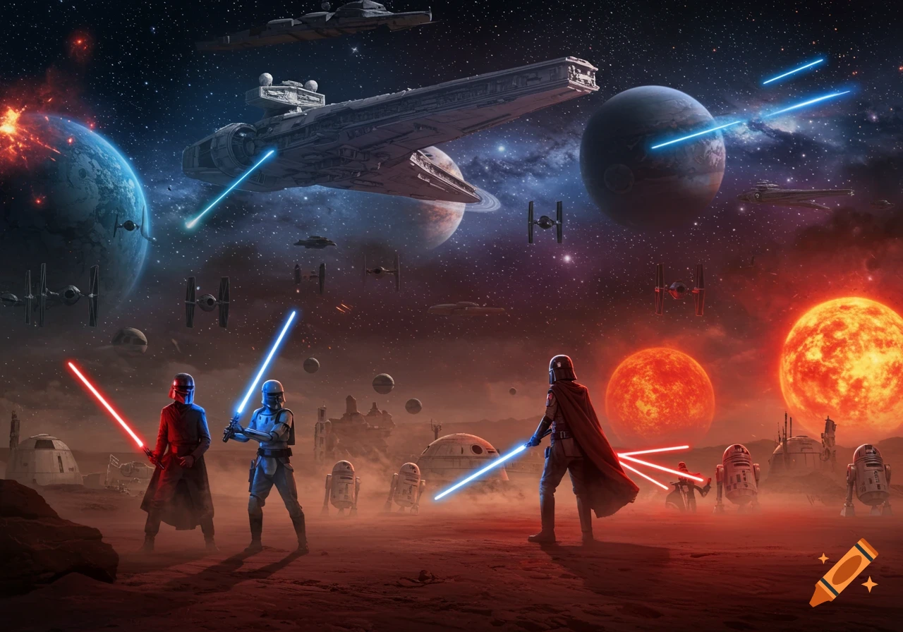 A chaotic Star Wars space battle with Star Destroyers, TIE fighters ...