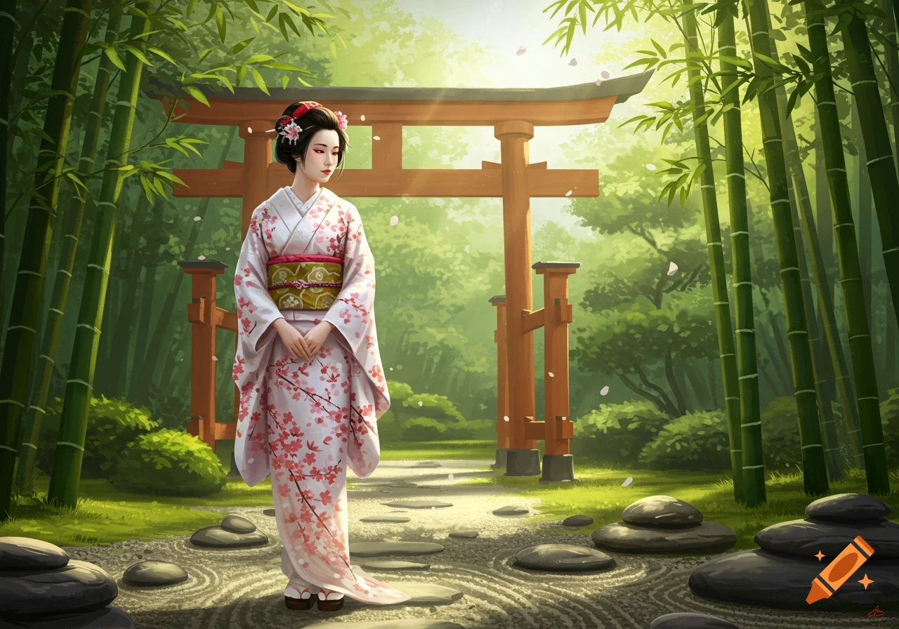 A woman in a pink kimono with cherry blossom patterns walks on a stone ...