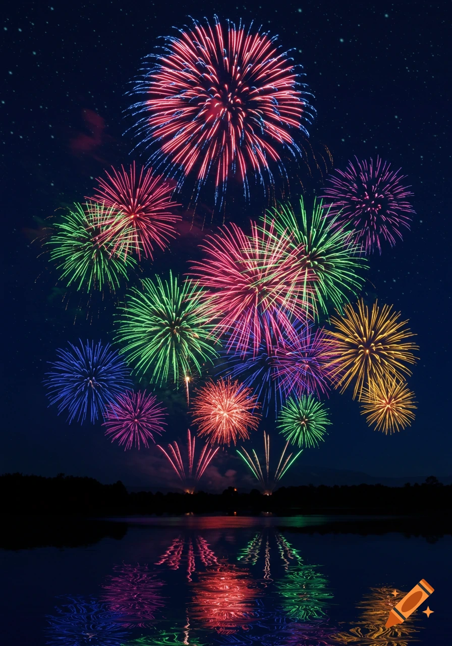 Colorful fireworks explode over a dark lake, their vibrant reflections ...