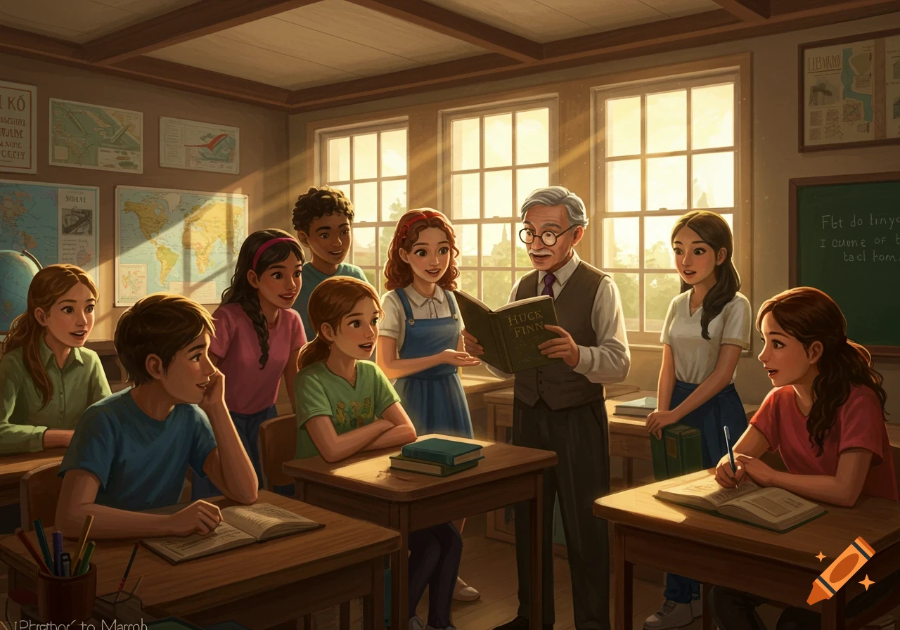 Three low-poly style children studying French with textbooks, a globe ...