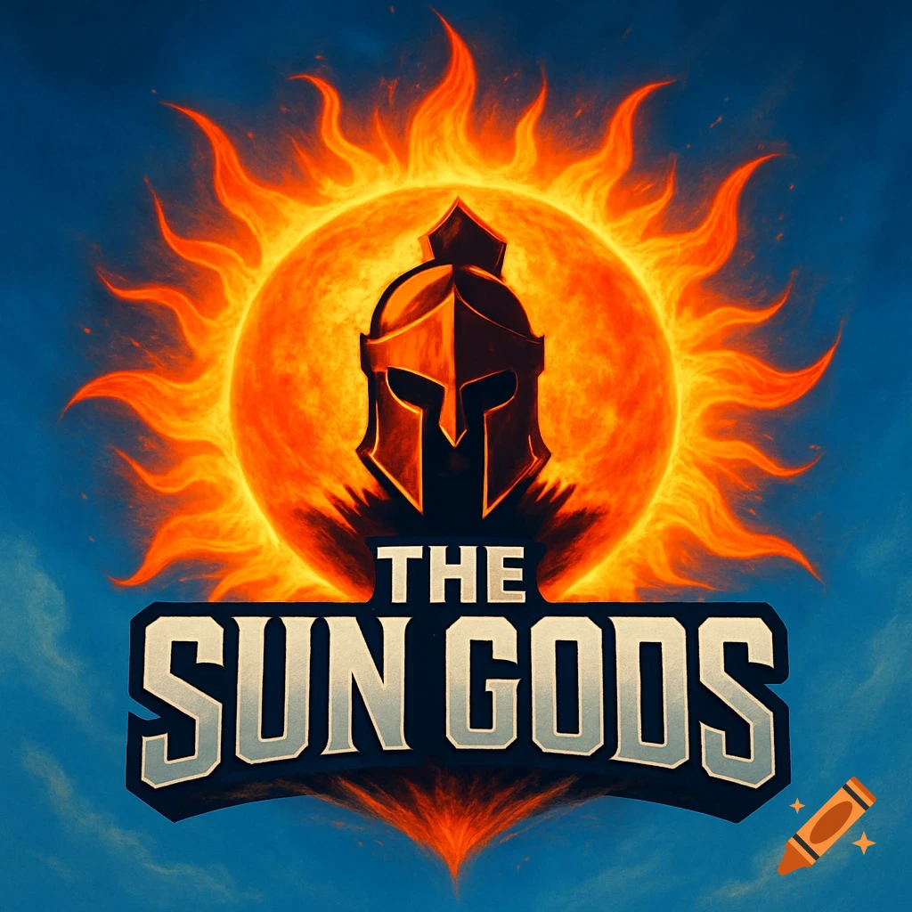 Digital art logo of a Spartan helmet over a fiery orange sun, with text ...