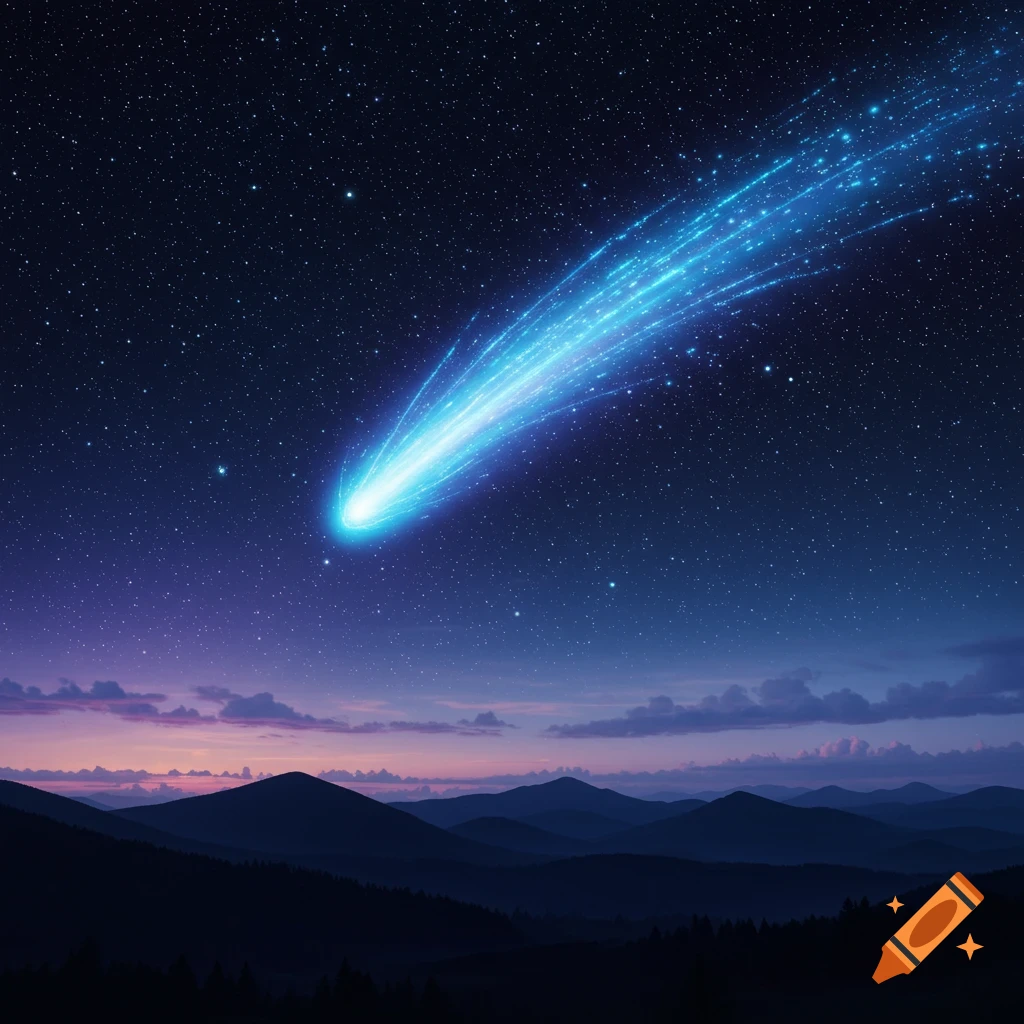 A bright blue comet with a glowing tail streaks across a star-filled ...