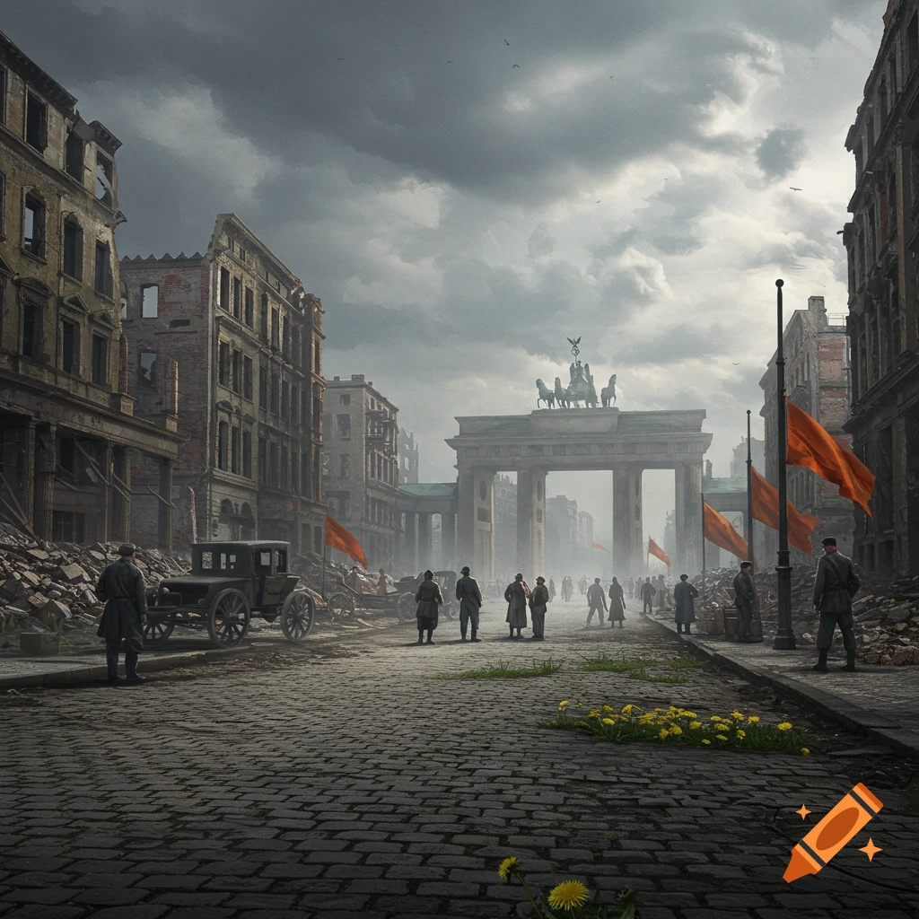 War-torn Berlin street with soldiers, rubble, and the Brandenburg Gate ...