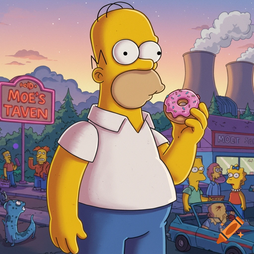Homer Simpson holds a pink donut, with Moe's Tavern and the nuclear ...