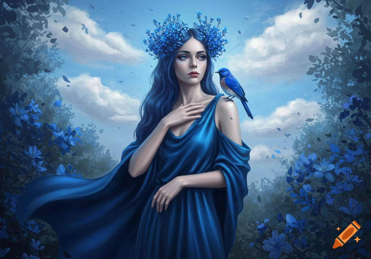 An ethereal woman with blue hair, a blue flower crown, and a blue bird ...