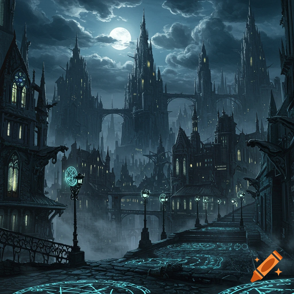 A detailed dark gothic city at night, with tall spires, bridges, and ...