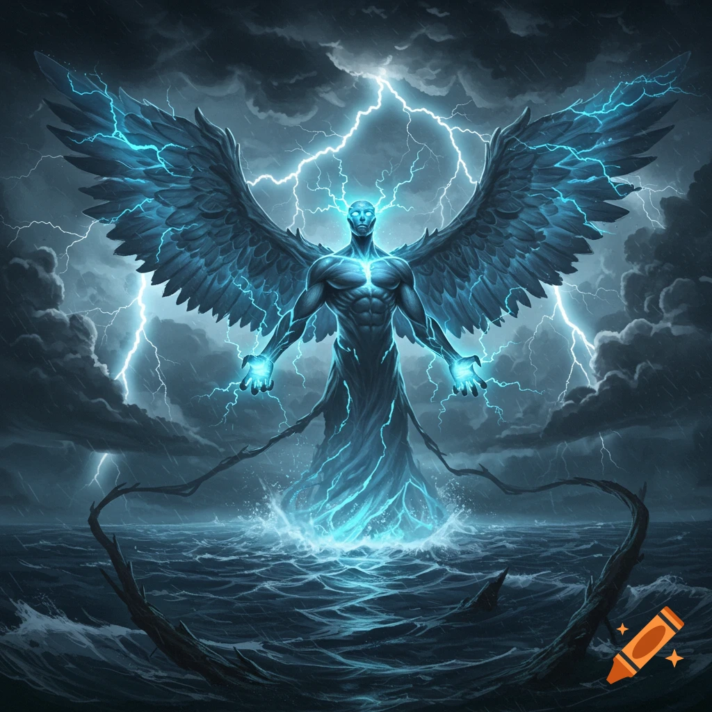 A powerful winged lightning elemental rises from a stormy ocean with ...