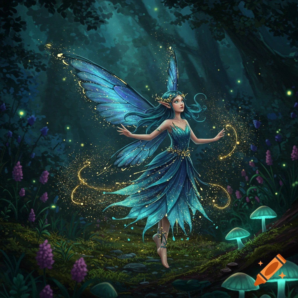 A whimsical fairy with blue wings and a teal dress stands in a dark ...