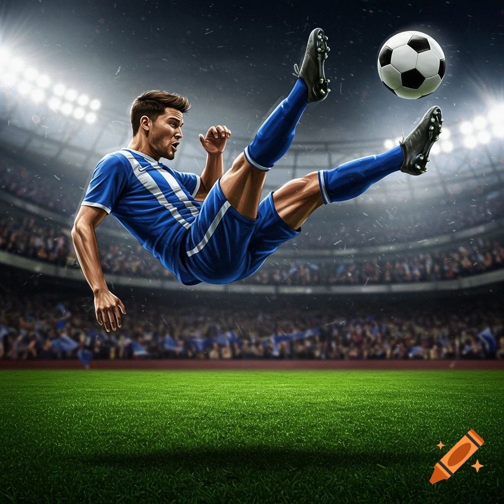 Realistic football stadium at night with a pitch split by blue and red ...