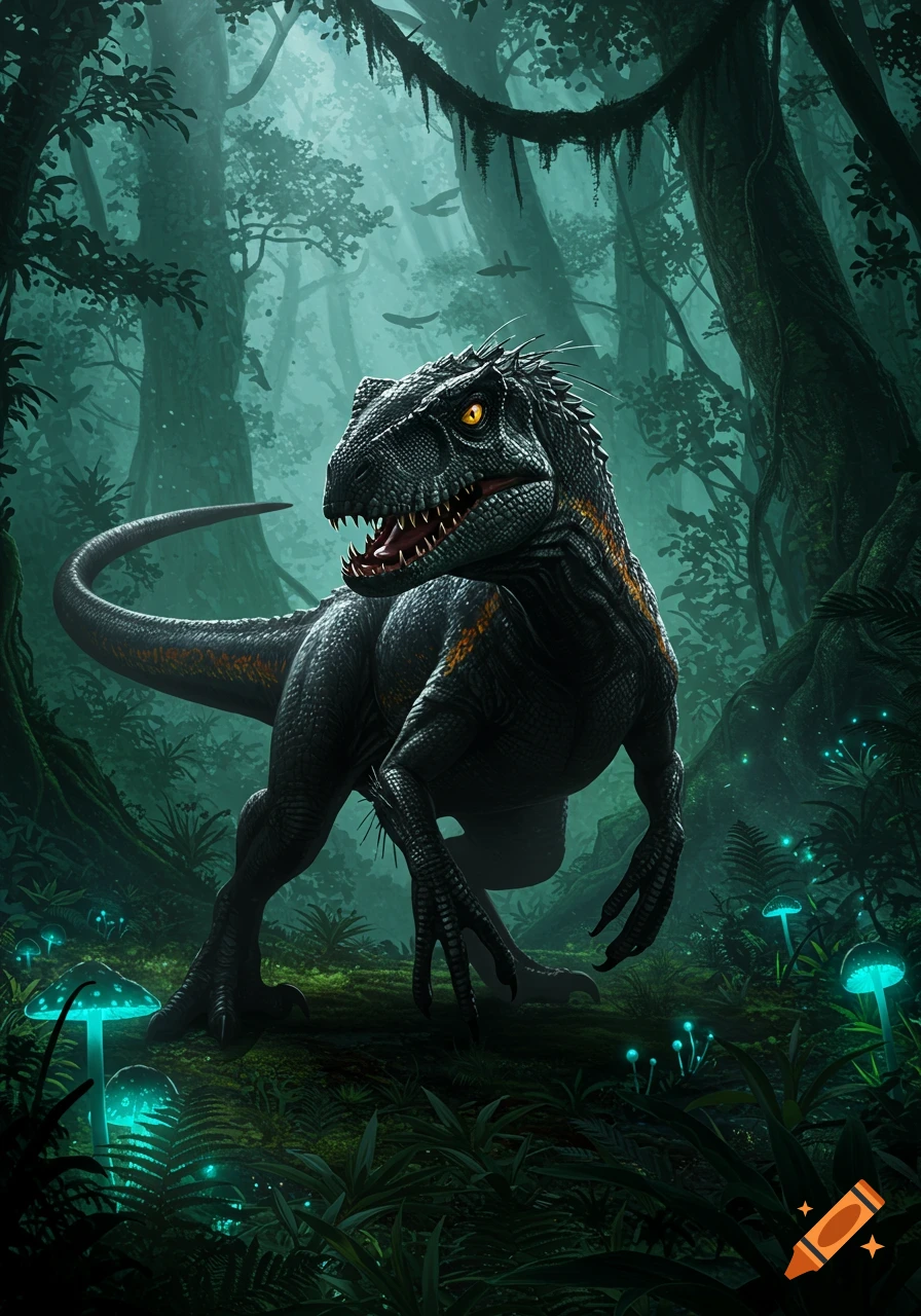 A vibrant green winged dinosaur with an orange crest flies through a ...