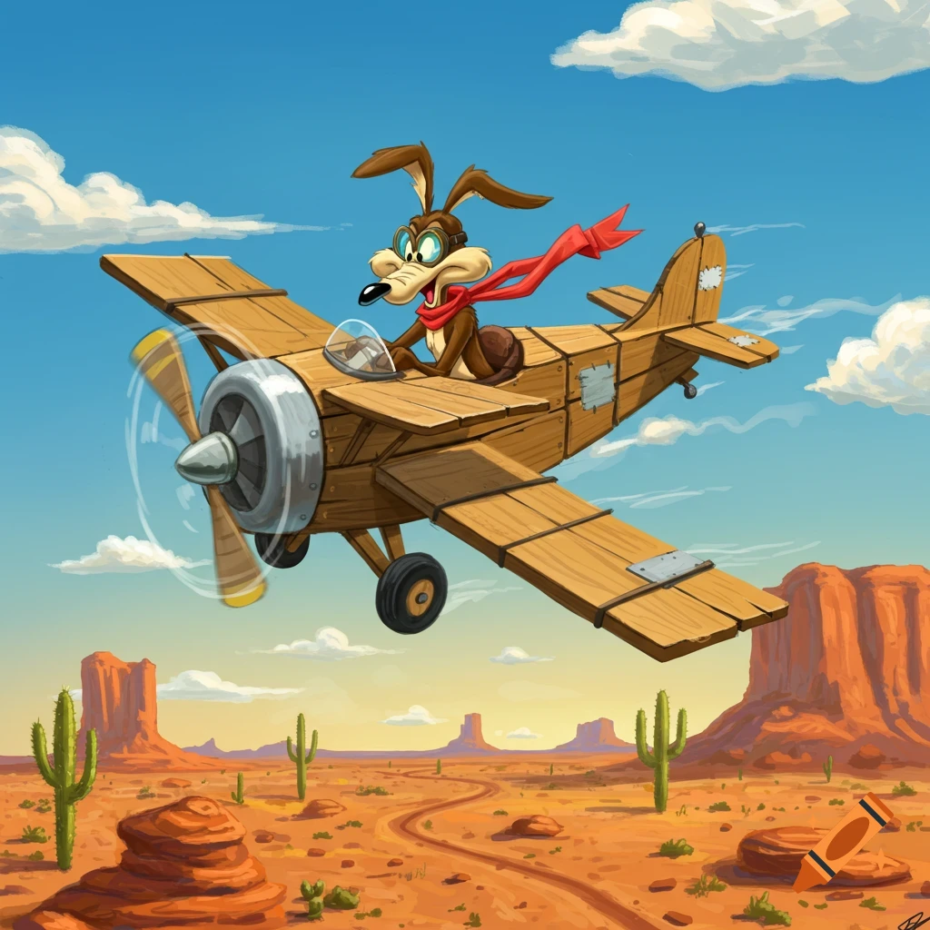 Wile E. Coyote flying a wooden biplane over a desert landscape with ...