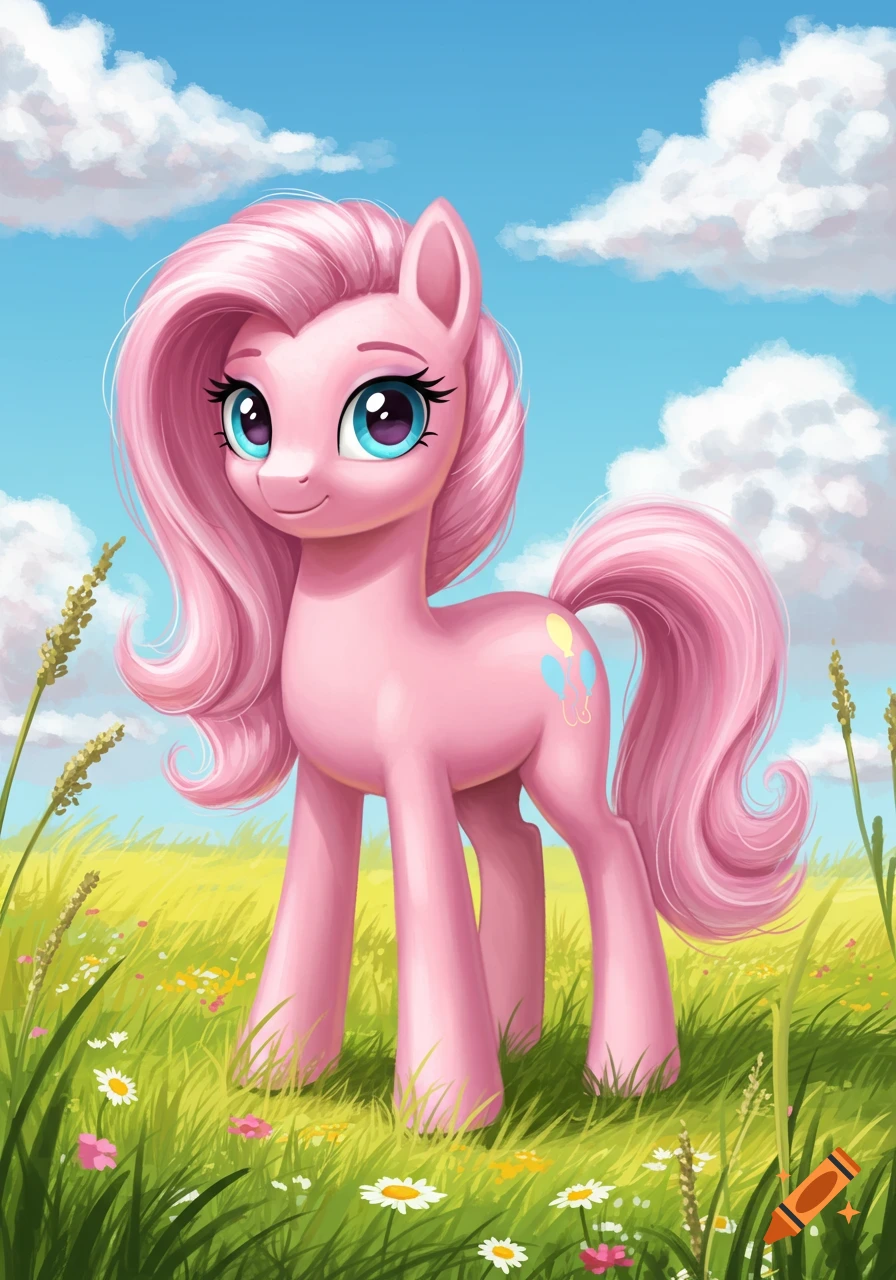 A cute, pink cartoon pony with large blue eyes and a pink mane and tail ...