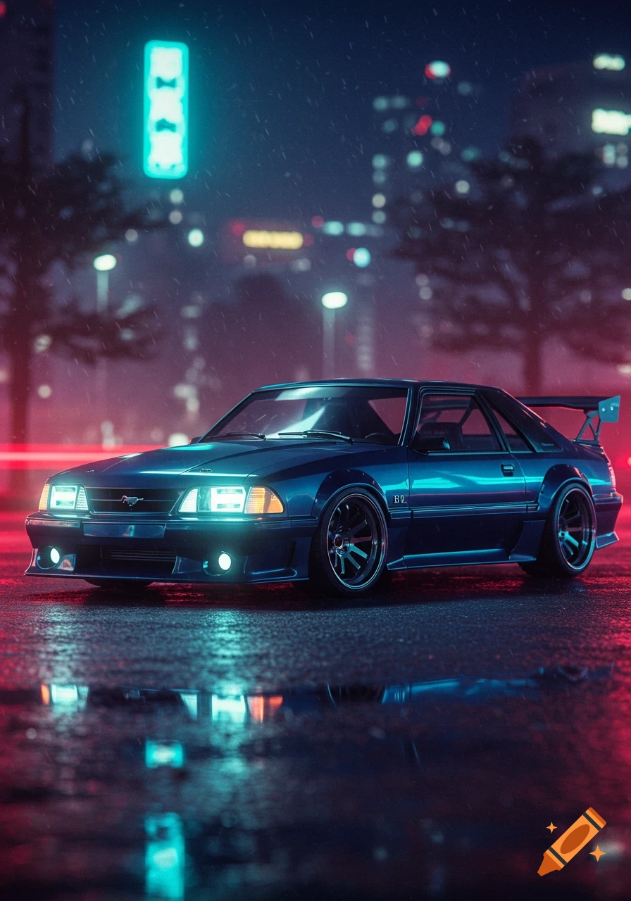 A midnight purple BMW E39 sedan sits on a wet city street at night ...