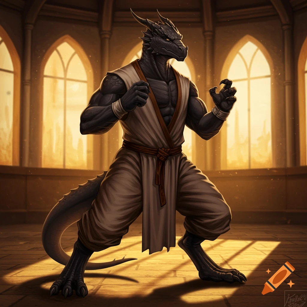 A buff, black-scaled anthropomorphic dragon in simple robes stands in a ...