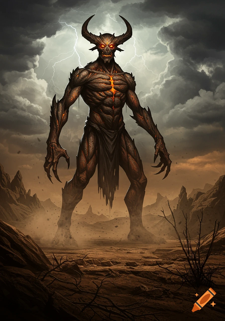 A menacing, horned demon with glowing cracks and eyes stands in a ...