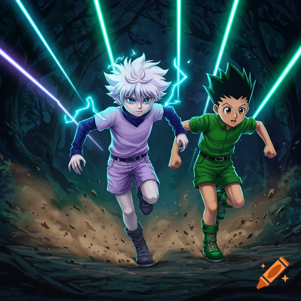 Killua, with lightning and purple energy, and Gon run together through ...