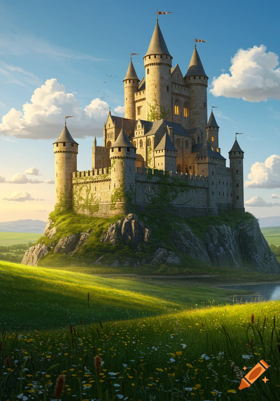 A vibrant, grand castle built from colorful Lego bricks, surrounded by ...