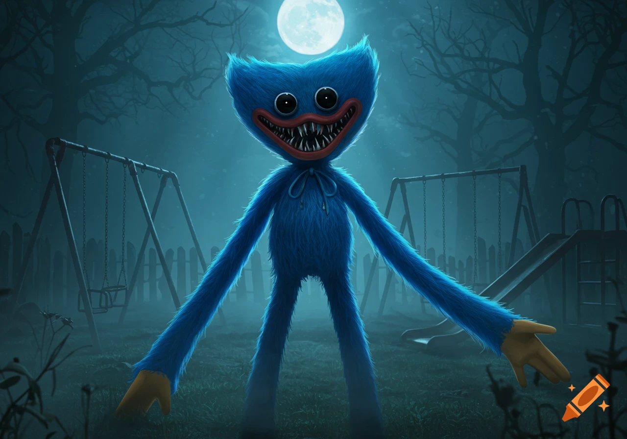 A terrifying blue furry monster with sharp teeth and wide eyes stands ...