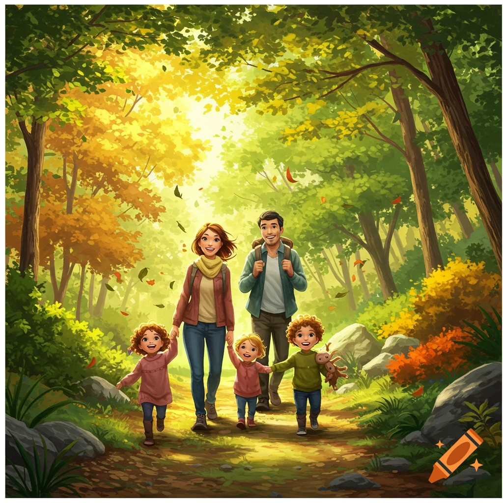A happy animated family with two parents and three young children hikes ...