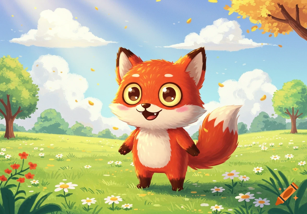 Cute cartoon fox splashing happily in a bright blue swimming pool, with ...