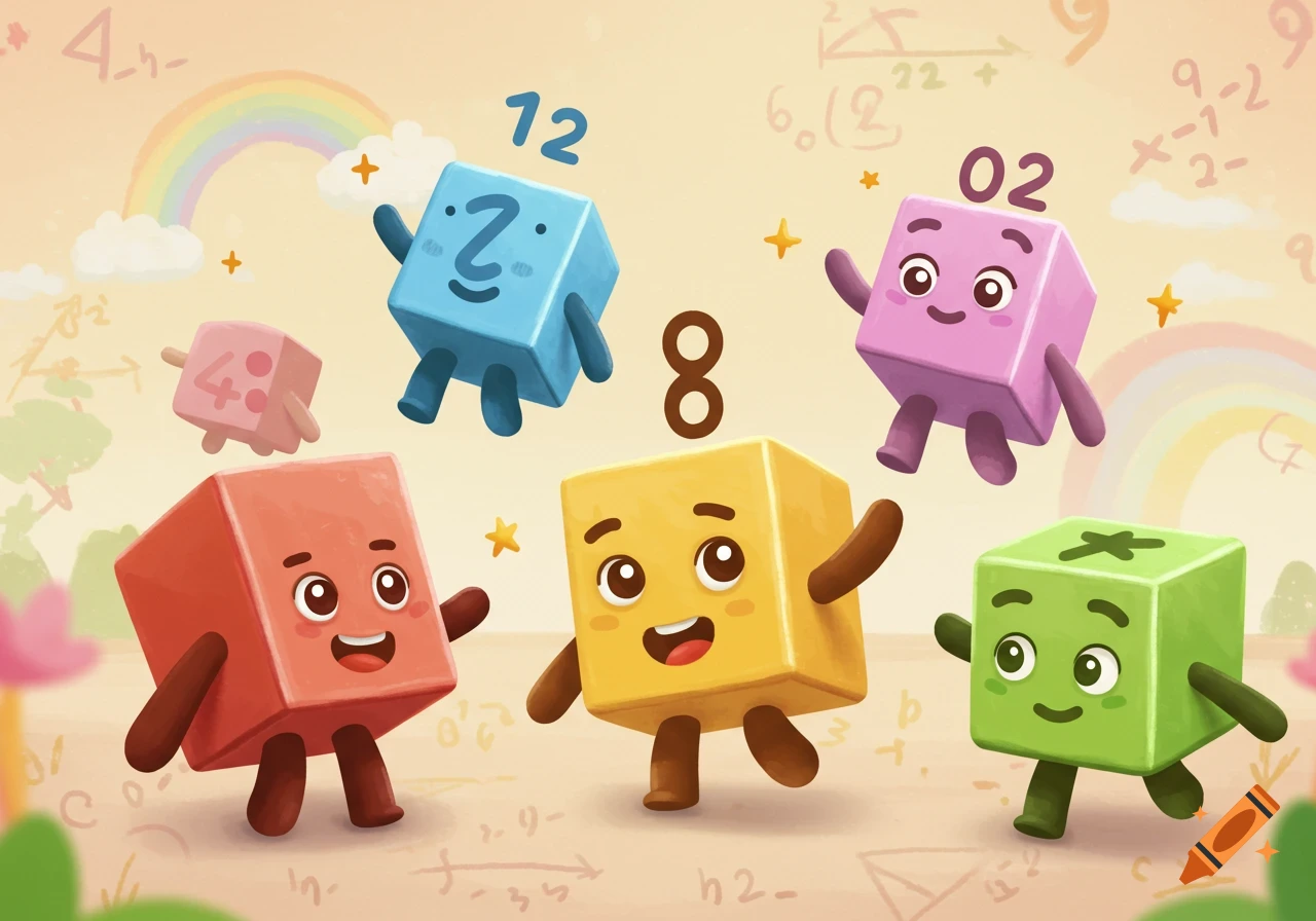Five colorful, anthropomorphic blocks with numbers and symbols (12, 8 ...