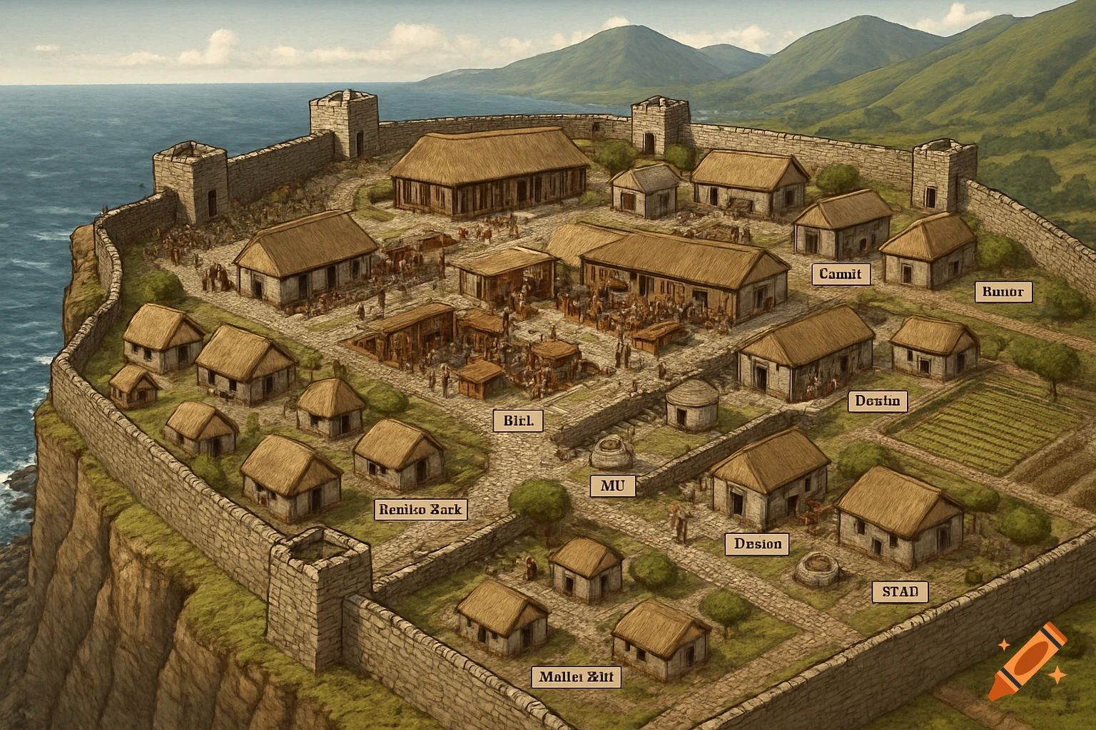 A detailed color pencil concept art of a stately fantasy manor house ...